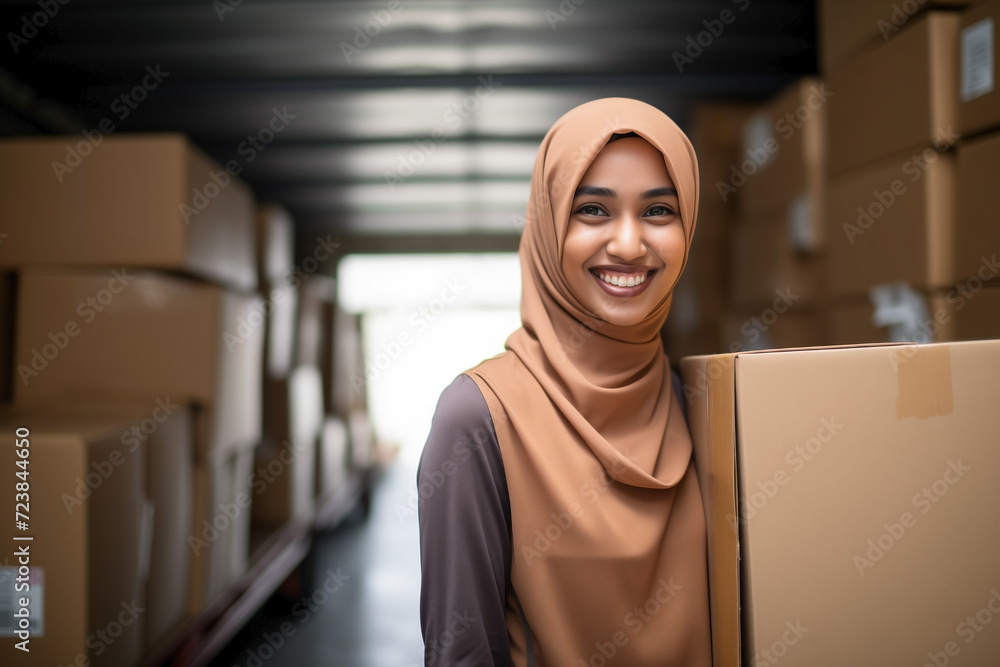 Islamic and professional woman in Hijab working in moving company ...