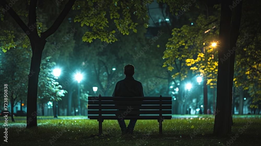 Lonely man on bench in a park at night with lights on Stock Photo ...