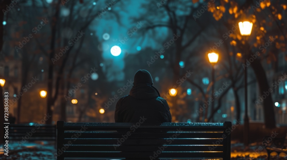 Lonely man on bench in a park at night with lights on Stock Photo ...