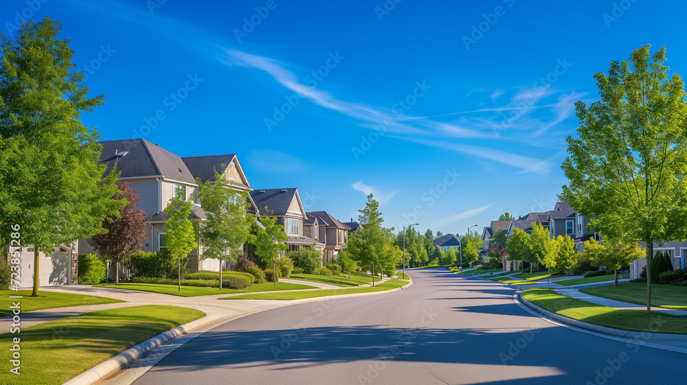 tranquil suburban street at dusk, where the soft evening light gently ...