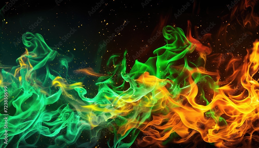 Tongues of orange and green fire on clear black background, orange and ...