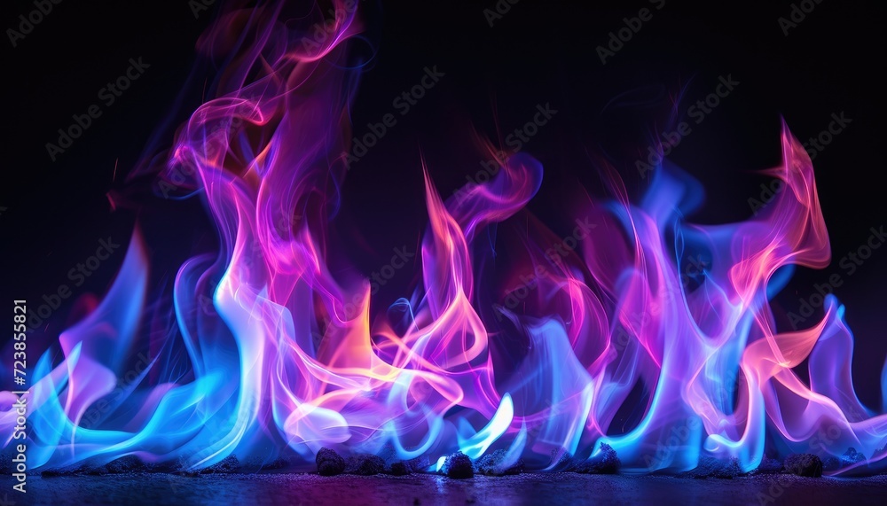 Tongues of blue and purple fire on clear black background, blue and ...