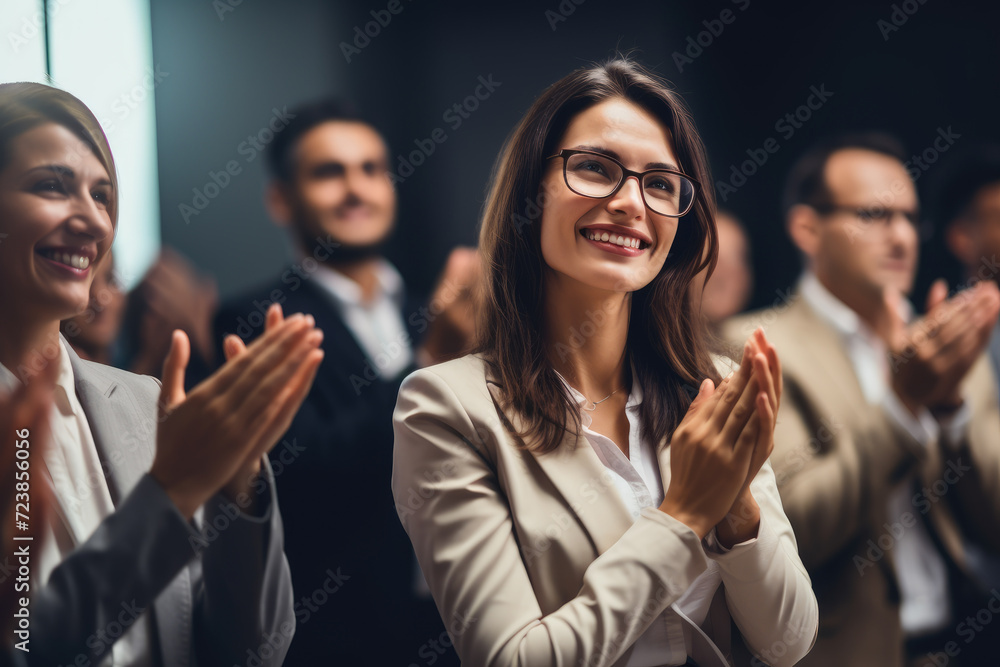 Strong office workers celebrating success with applause in meeting room ...