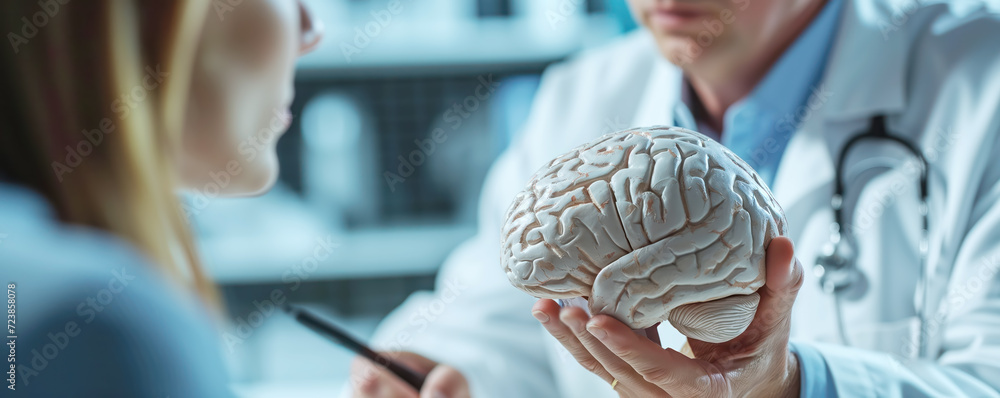 Doctor showing to a patient brain model and explaining about brain ...