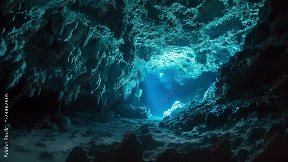 An underwater cave filled with bioluminescent plankton creating a ...
