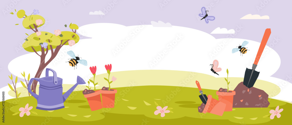 Spring garden banner background with plants ready to plant and working ...