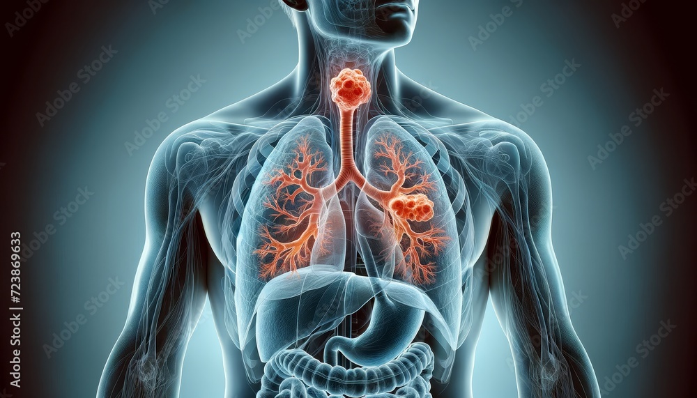 Medical Illustration of Human Respiratory System with Tumors in Lungs ...