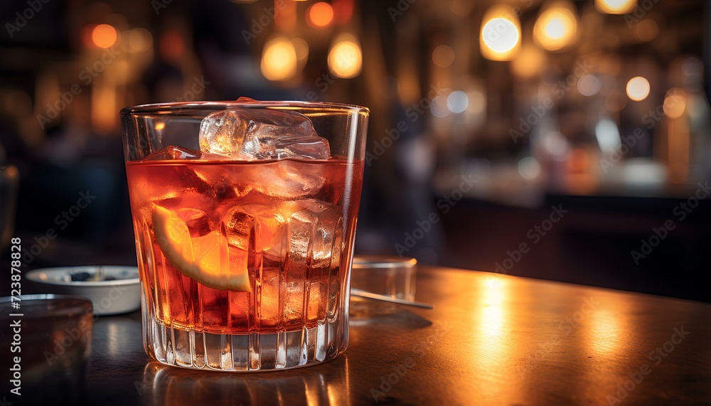 glass of whiskey on counter. rum and cola closeup in a moody bar ...