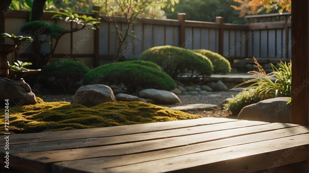 Wooden table on a japanese garden with rays of sunlight from Generative ...