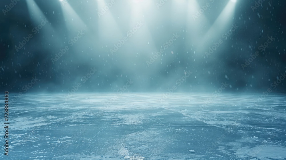 Snow and ice background.Empty ice rink illuminated by spotlights Stock ...