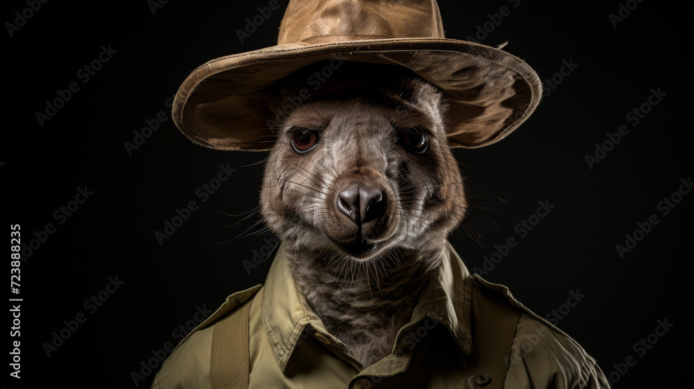Visualize a debonair kangaroo in a tailored safari suit, accessorized ...