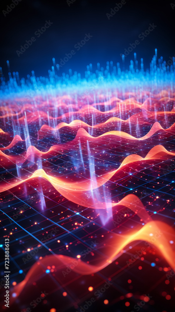 wave made out of grids that are seen from a cinematic view of one of ...
