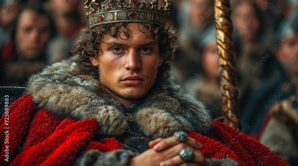 Confident young king wearing opulent red velvet attire and crown in ...