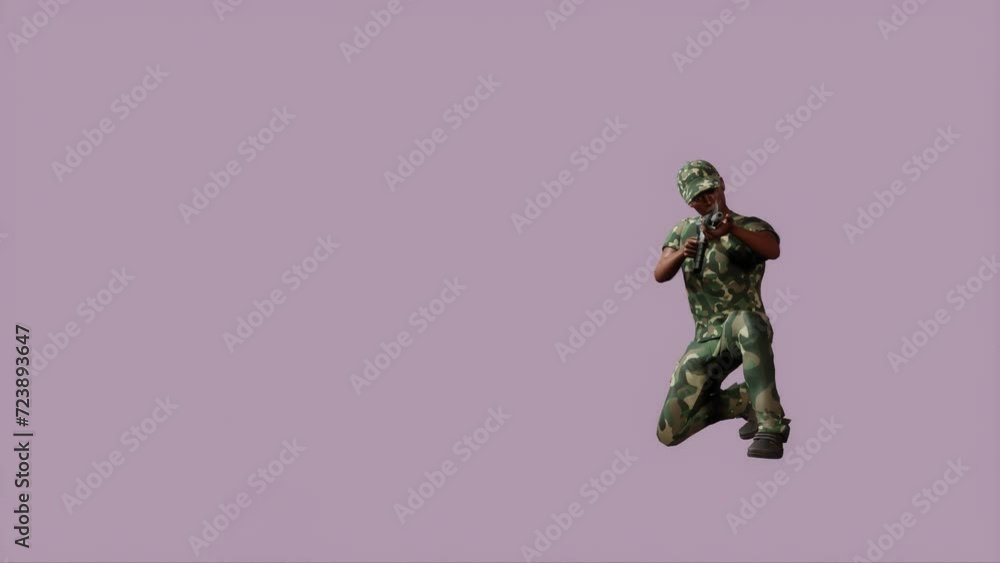 Immersive 3D animated video featuring a soldier character with a rifle ...