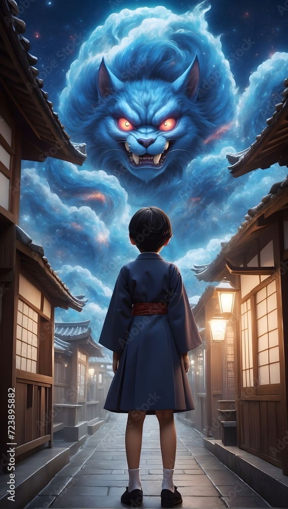 A young child in a blue kimono stands on a Japanese street looking up ...