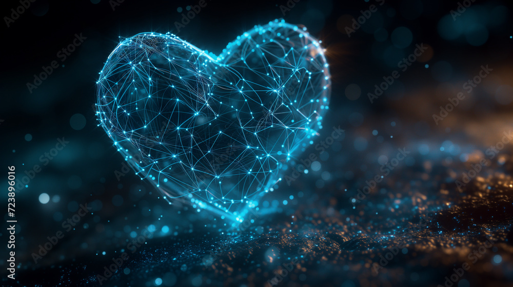 Digital Heart in Network Connections and Blue Lights. A digital heart ...