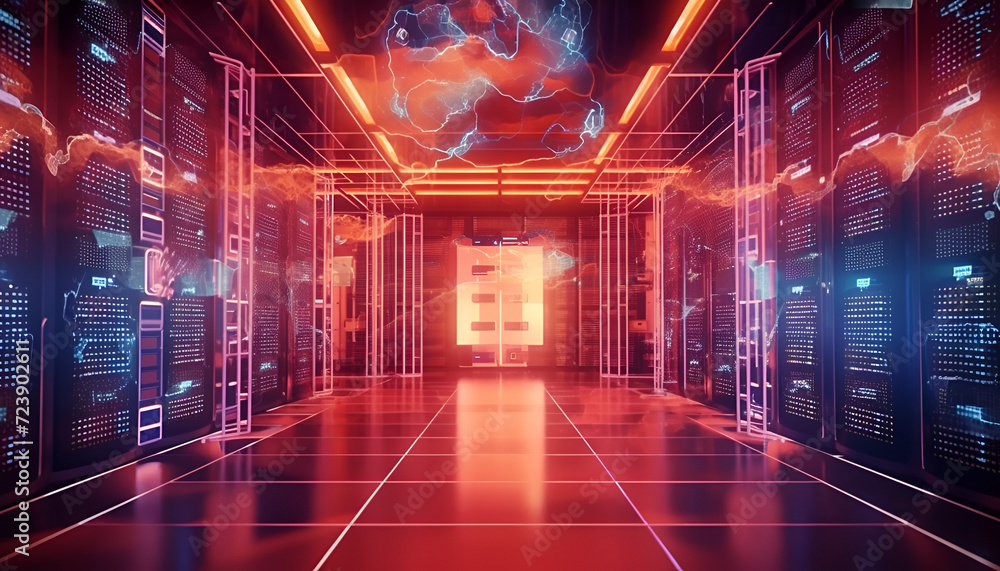 Data center or server room with cloud storage. Dark datacenter with ...