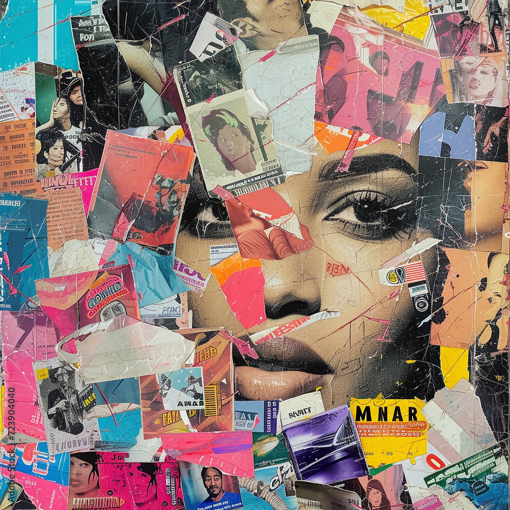 Collage of vibrant torn posters on urban wall with a striking female ...