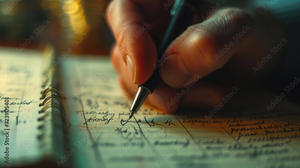 Detailed view of a hand writing in a ledger for foreign exchange ...