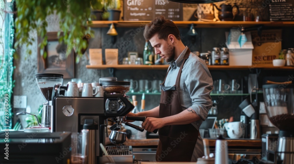 Zoomed-in image of a barista at a coffee shop, background showing ...