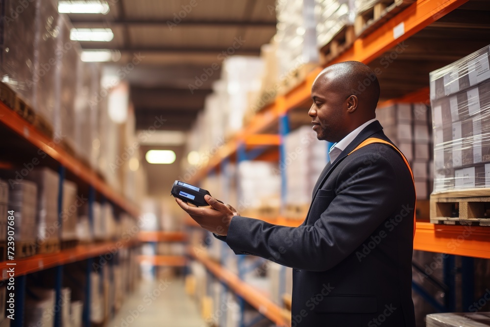 Efficient inventory management! Worker in high-vis vest using tablet in ...