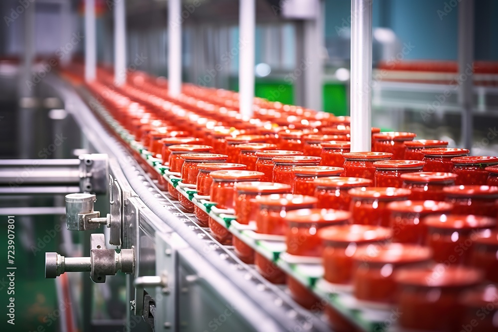 Vibrant assembly line showcasing rows of red jars in a sterile factory ...