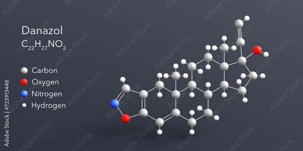 danazol molecule 3d rendering, flat molecular structure with chemical formula and atoms color ...
