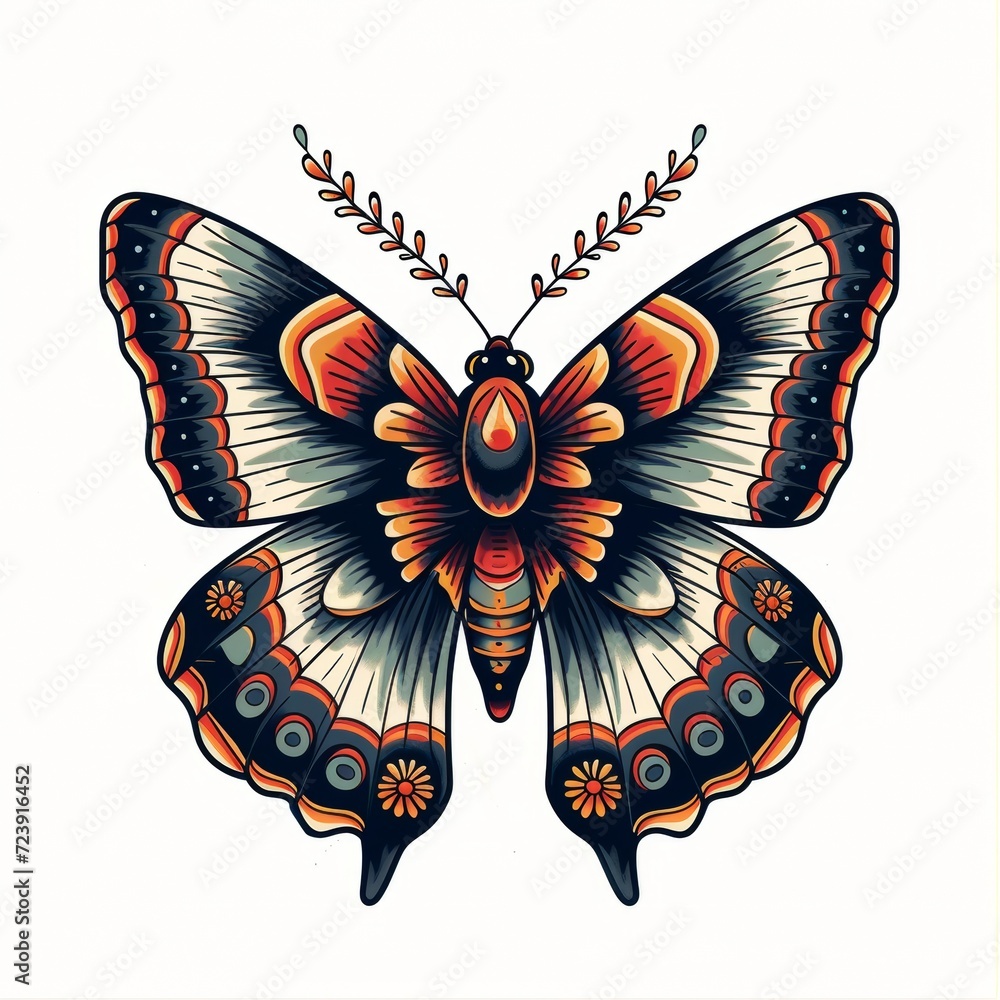 Ornate Old School Butterfly Tattoo Illustration with Nature Inspired ...