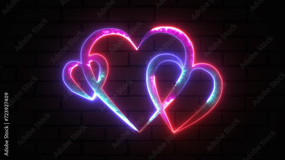 Bright neon three heart shape suit icon. Red and blue color neon three ...