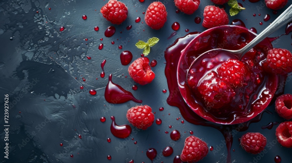 Raspberry jam smear on a table in food photography style. Raspberry top ...