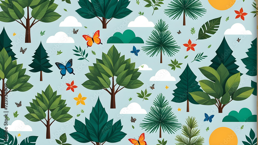 Nature vector image. background Flat wrapping paper with nature clipart ...