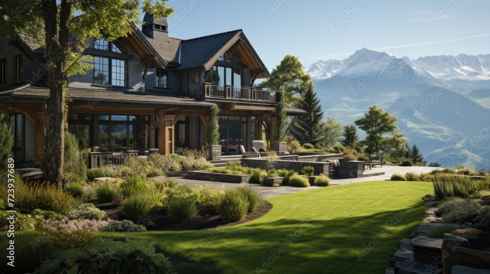 Mountain village nestled in scenic mountains with a tranquil lake, surrounded by lush greenery ...