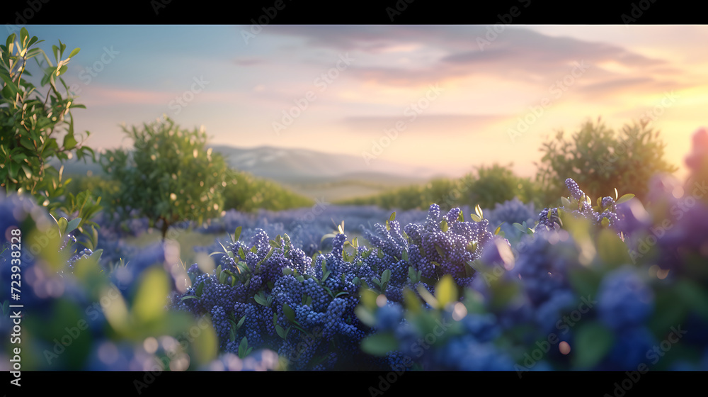 Design an ad featuring a serene blueberry field to highlight a ...