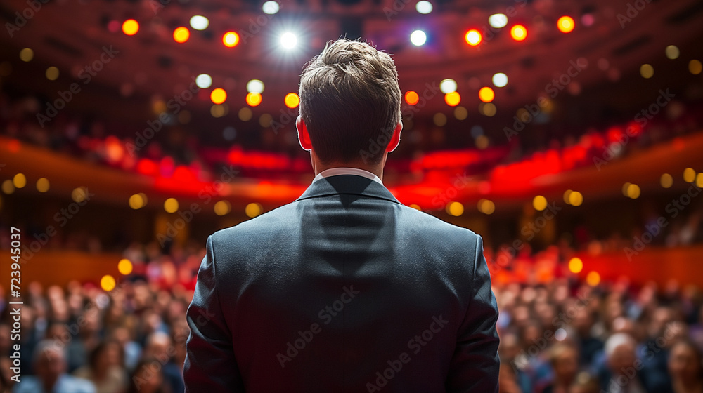 man in a suit facing a large audience in a theater, representing public ...