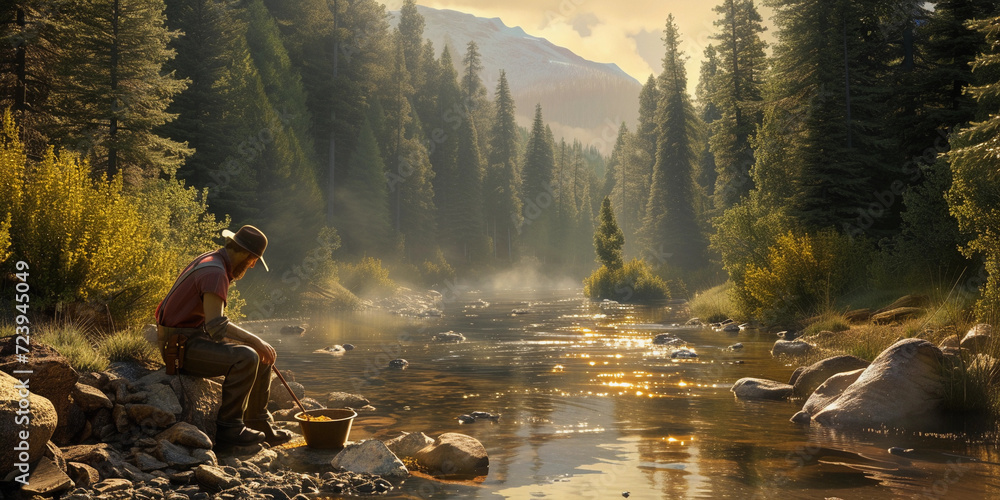 rugged prospector panning for gold in a serene, sunlit riverbed ...