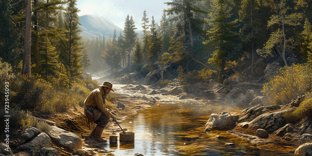prospector in the 1800s, with authentic period clothing, inspecting a ...