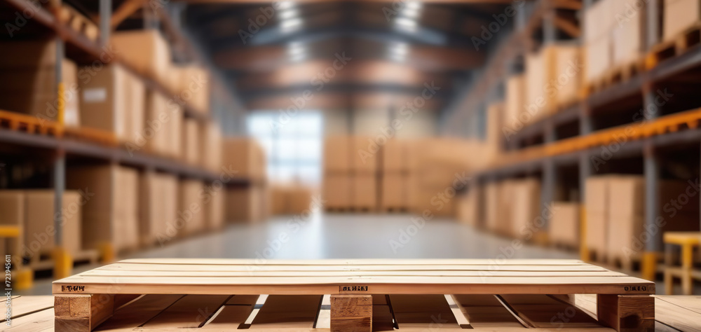 Empty table top in front with blurred warehouse cordial background ...