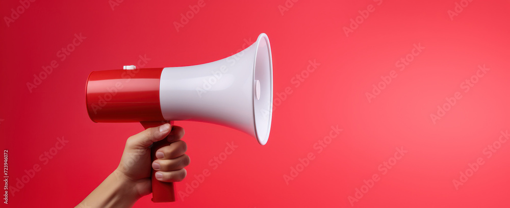Un mégaphone rouge et blanc sur fond rouge, image avec espace pour ...