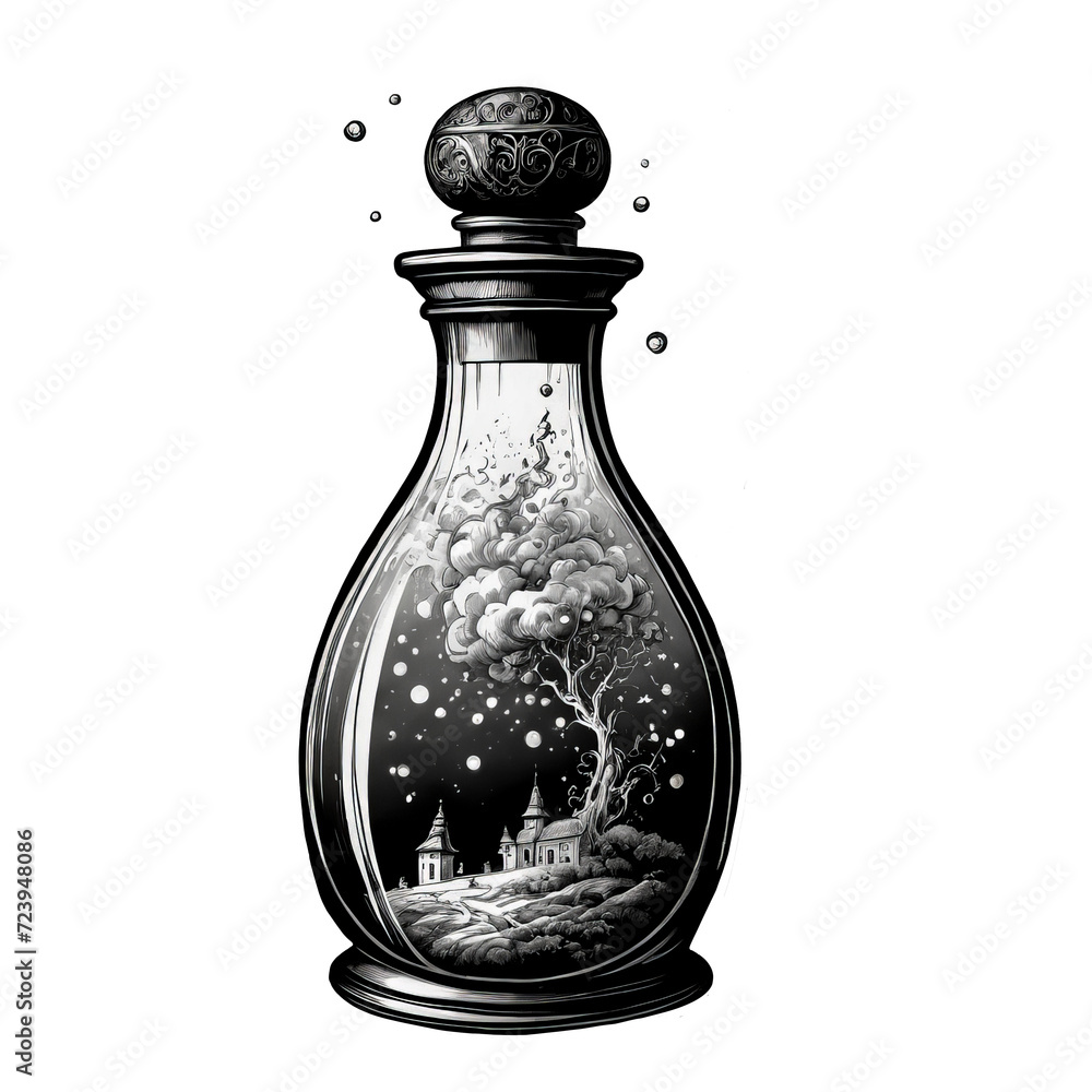 PNG Mystical village with tree inside a bottle, magic potion series ...