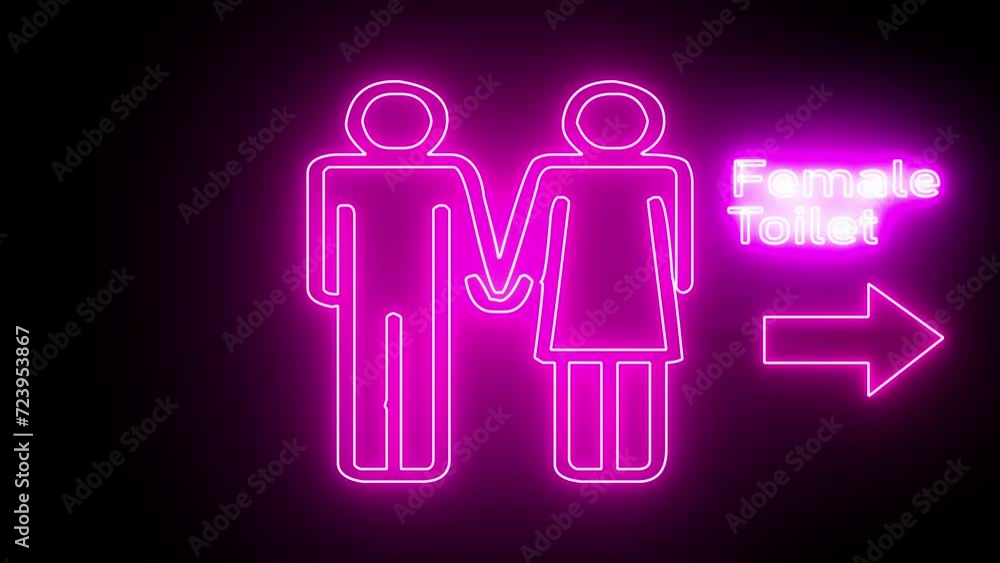 Purple neon outline female toilet or restroom sign on a black ...