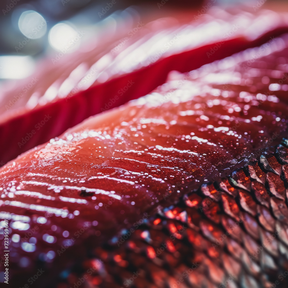 a scale glistening, freshly caught salmon, its scales shimmering under ...