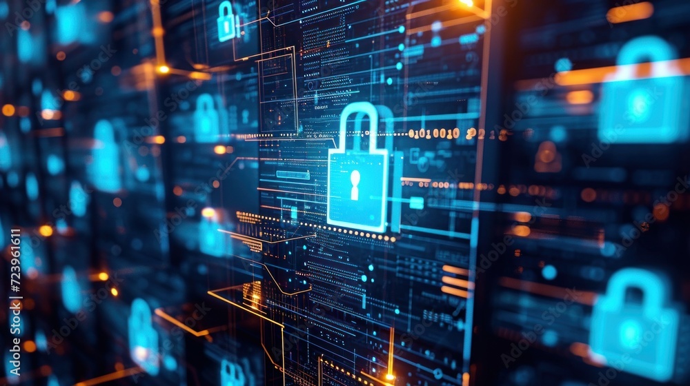 Locked Data Files, screen displaying a series of file icons lock symbol ...