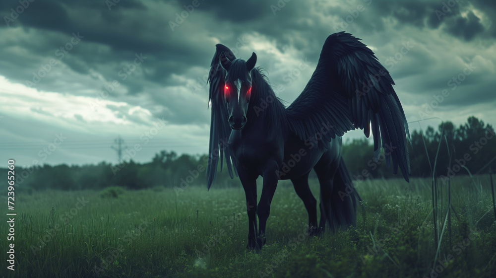 An evil black pegasus with glowing red eyes and dark wings standing on a field Photos | Adobe Stock