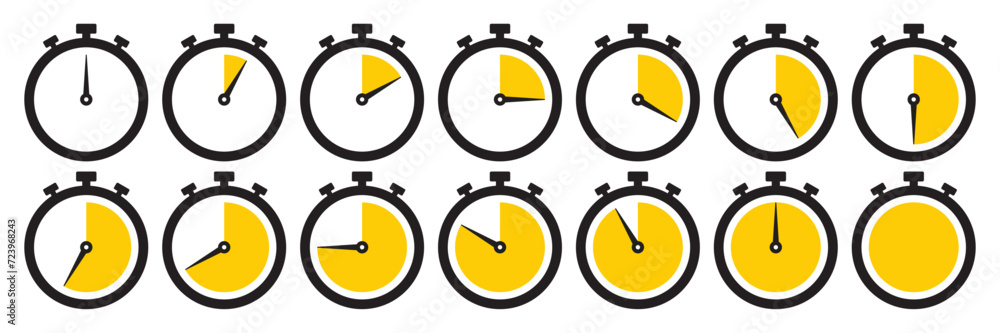 Clock icon set in yellow color. Stopwatch symbol set. Countdown clock ...