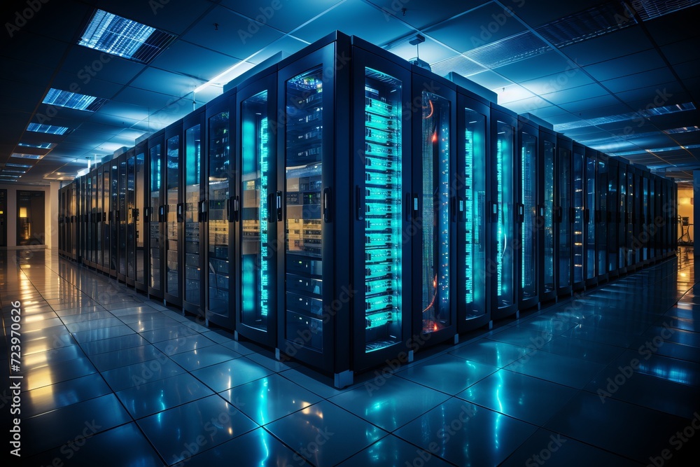 Server room with rows of rack-mounted servers. Supercomputer or mainframe. Data center. Cloud ...
