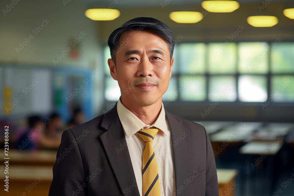 Smiling asian men teacher in a classroom. Mature teacher. Asian teacher ...