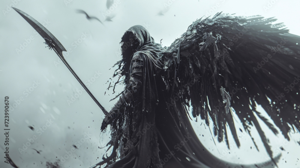An angel of death dd in a tattered shroud and holding a scythe stands ...