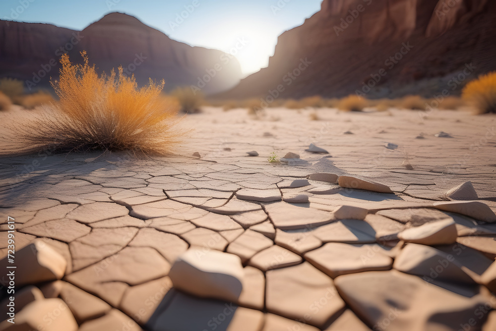 Arid desert landscape with cracked earth and sparse vegetation under a ...