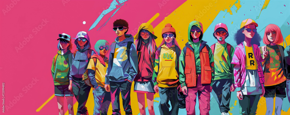 Youth teens group, set of youthful people on bright background ...