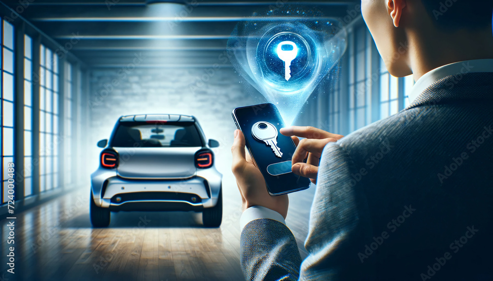 Back view of a person at a carpark using a smartphone to control a car ...